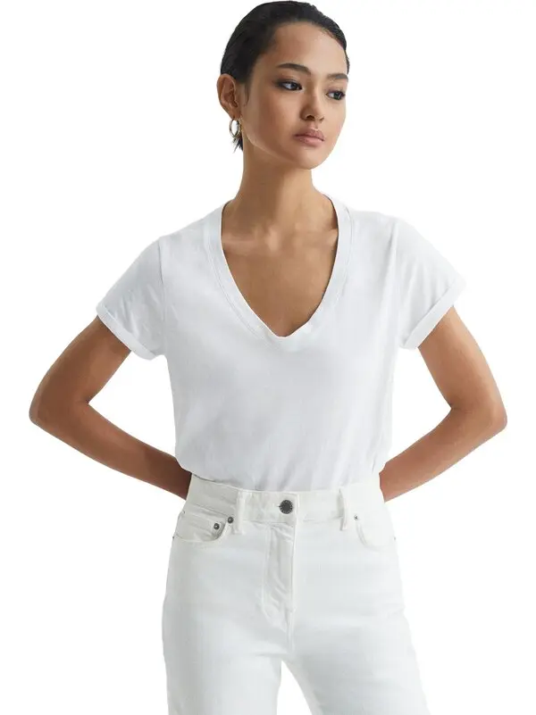 REISS Luana Cotton-jersey V-neck T-shirt - White