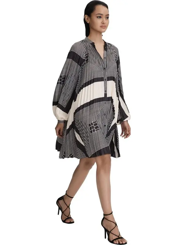 REISS Bay Printed Pleated Mini Dress - Black/white