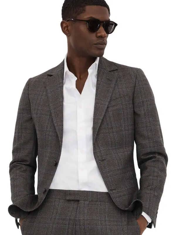 REISS Fantasy Slim Fit Wool Single Breasted Check Blazer - Brown Multi
