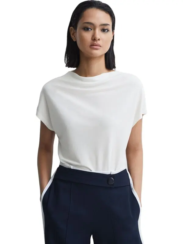 REISS Poppy High Neck Jersey Top - Cream