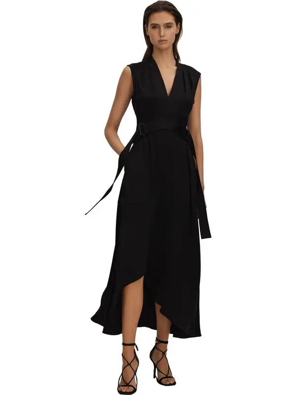 REISS Raya Asymmetric Midi Dress - Black