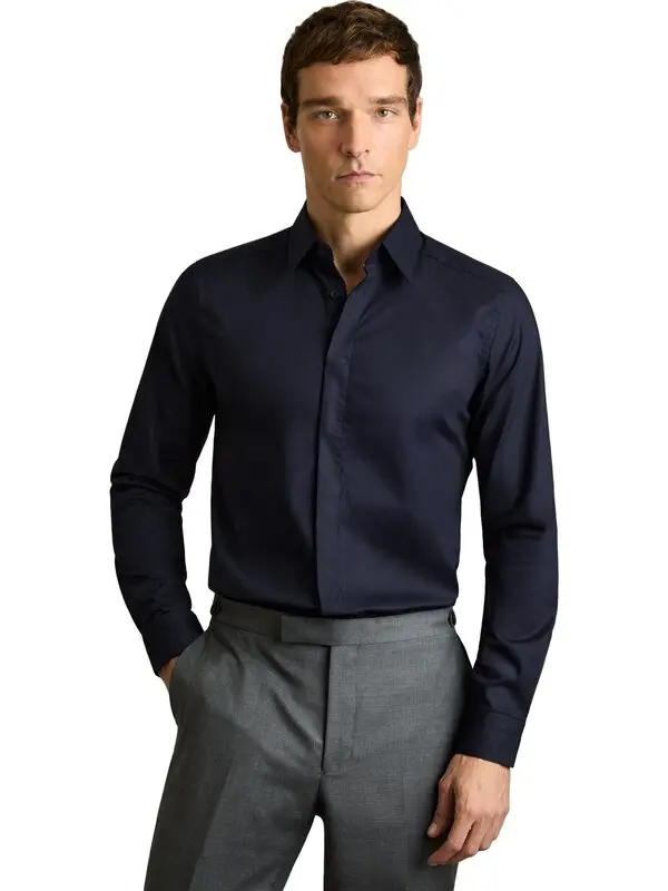 REISS Kiana Slim Fit Cotton Blend Shirt - Navy