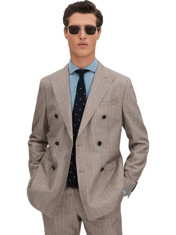 REISS Epsom Slim Fit Wool-silk-linen Double Breasted Blazer - Mocha