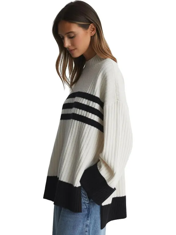 REISS Misha Ribbed Wool Jumper - Cream/navy