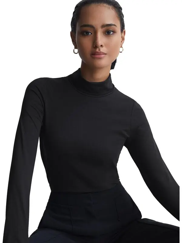REISS Piper Fitted Roll Neck T-shirt - Black