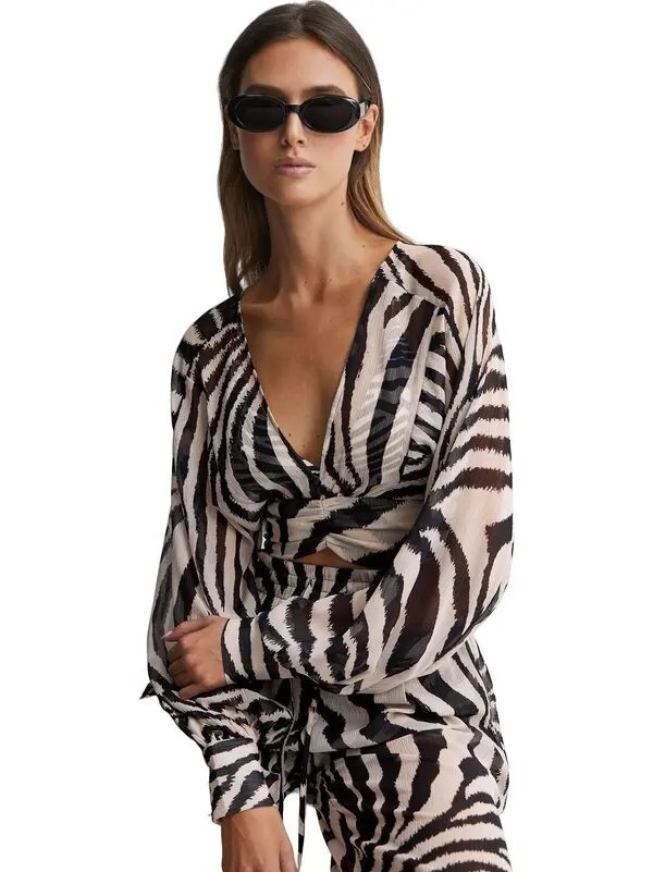 REISS Zebra Print Cropped Plunge Neck Blouse - Black/white
