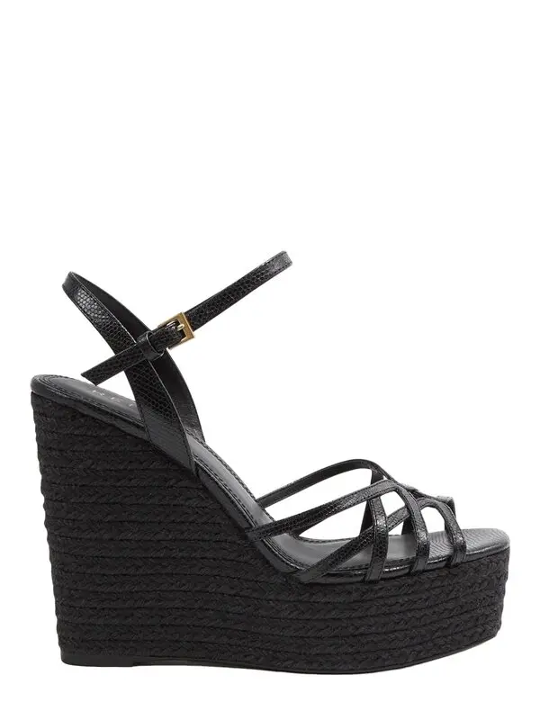 REISS Elle Leather Raffia Platform Wedges - Black