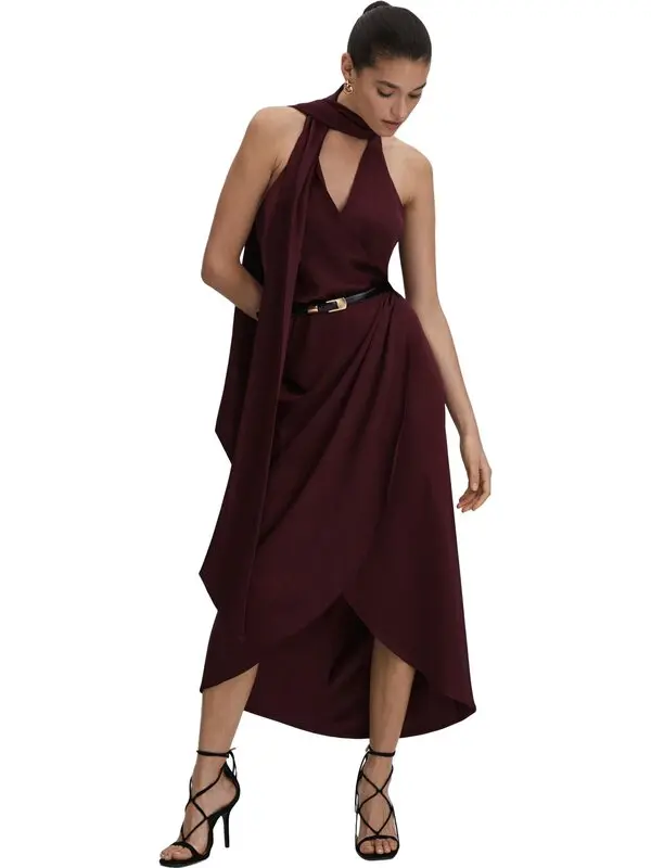 REISS Tayla Satin Midi Dress - Burgundy