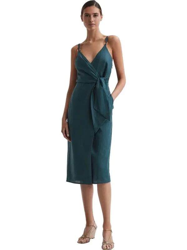 REISS Elsie Linen Side Tie Midi Dress - Dark Teal