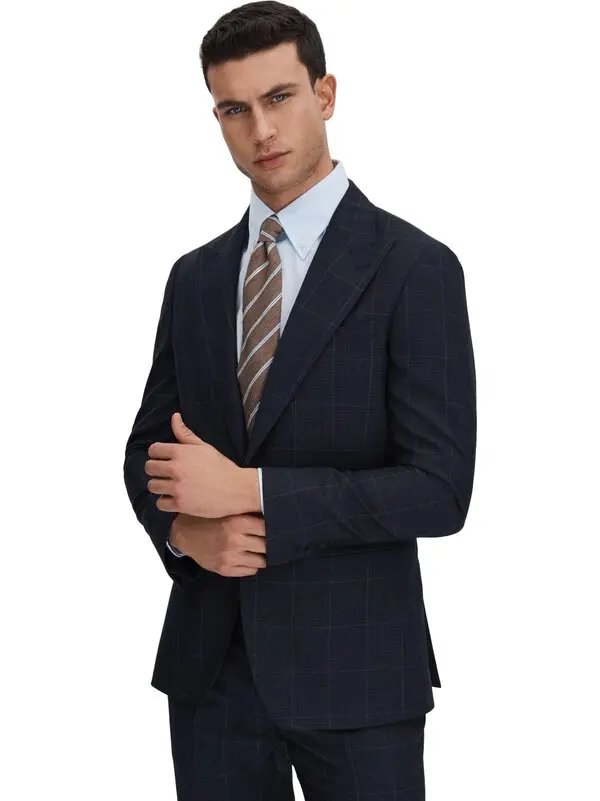 REISS Klink Wool Check Single Breasted Slim Fit Blazer - Navy