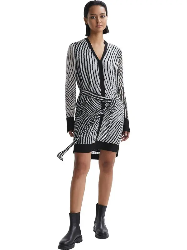 REISS Check Belted Mini Dress - Black