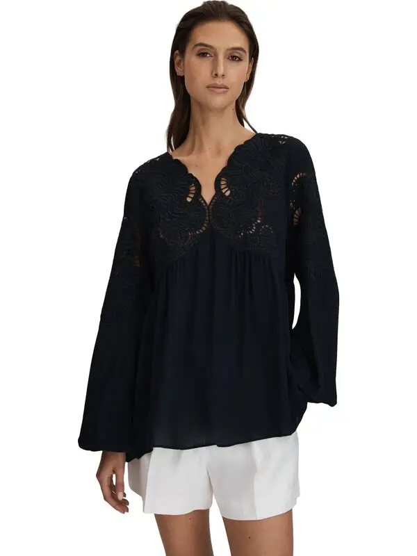 REISS Noa Lace Cut-out Blouse - Navy