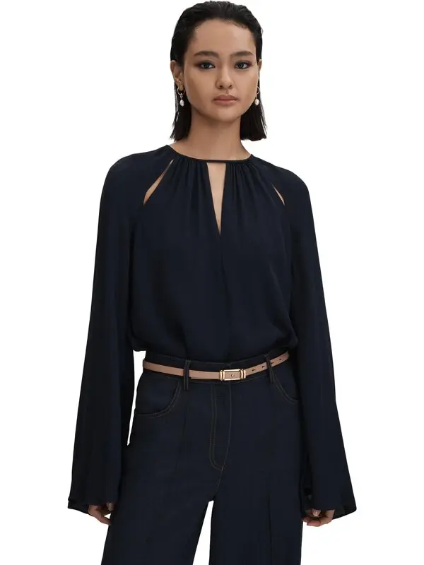 REISS Gracie Cut-out Blouse - Navy