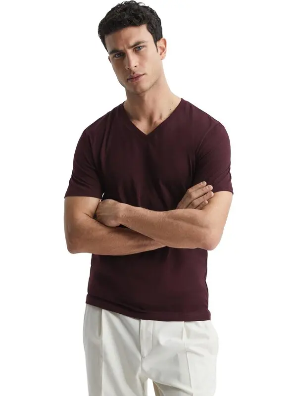 REISS Dayton Cotton V-neck T-shirt - Bordeaux