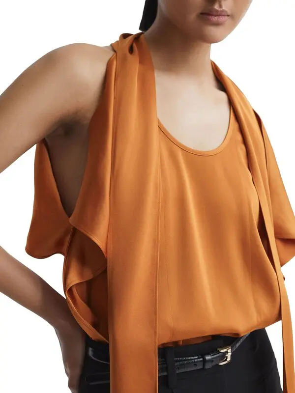 REISS Camilla Tie Neck Draped Blouse - Rust