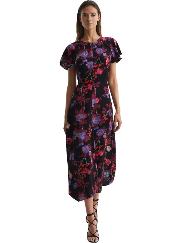 REISS Eleni Fitted Floral Print Midi Dress - Black