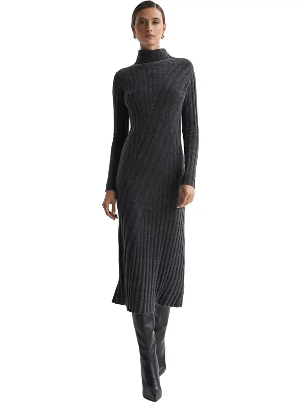 REISS Cady Knitted Roll Neck Midi Dress - Charcoal