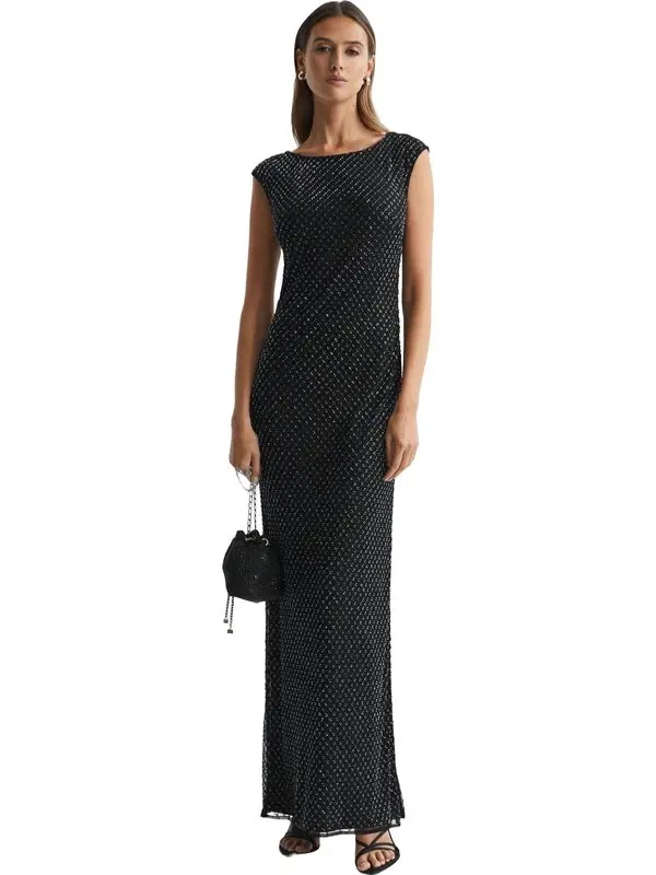 RAISHMA Embellished Semi-sheer Amiri Maxi Dress - Black/gunmetal