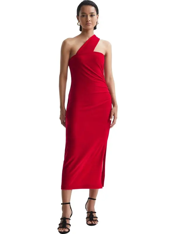 REISS Abbey Velvet One-shoulder Midi Dress - Red