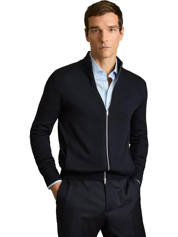 REISS Hampshire Merino Wool Zip-through Cardigan - Navy