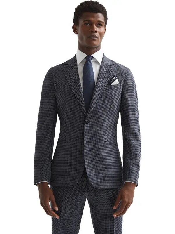 REISS Leadenhall Single Breasted Dogtooth Slim Fit Blazer - Navy