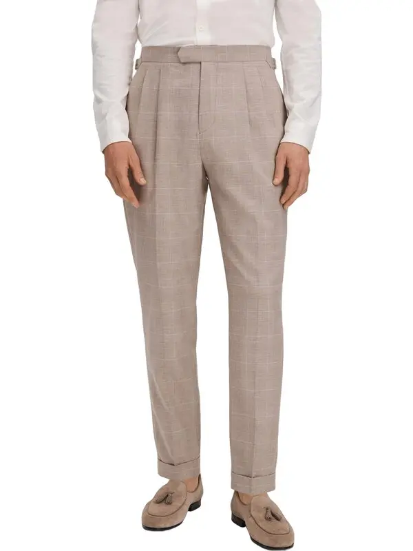 REISS Collect Slim Fit Checked Trousers - Oatmeal