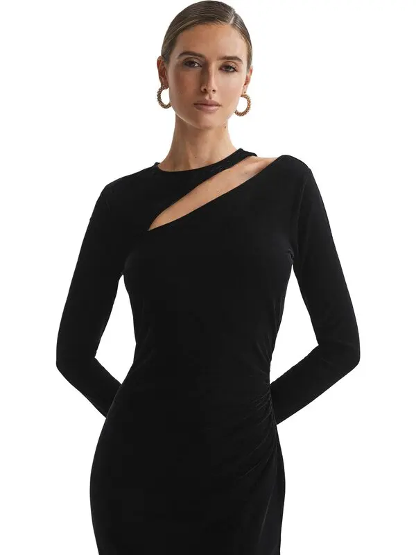 REISS Macey Petite Velvet Cut-out Midi Dress - Black