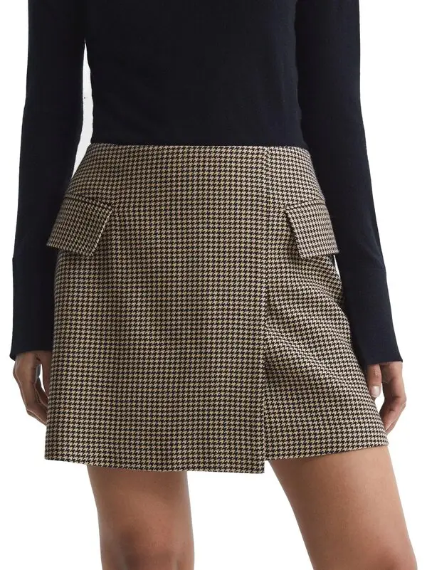 REISS Ella Wool Blend Dogtooth Mini Skirt - Black/camel