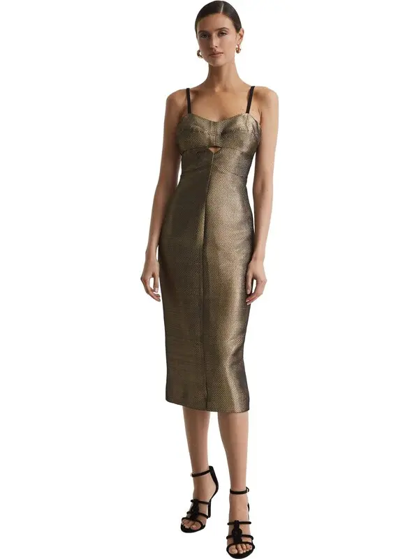 REISS Mina Metallic Bodycon Midi Dress - Gold