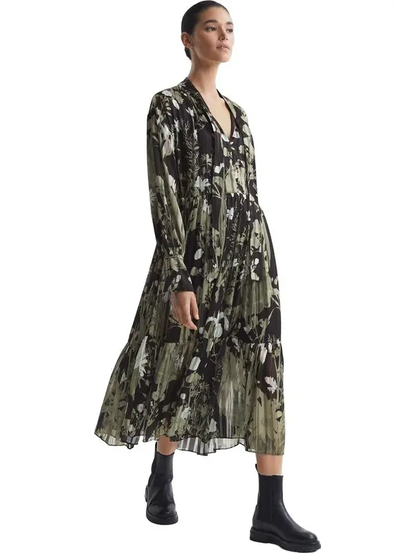 REISS Lottie Floral Print Tie Neck Midi Dress - Green