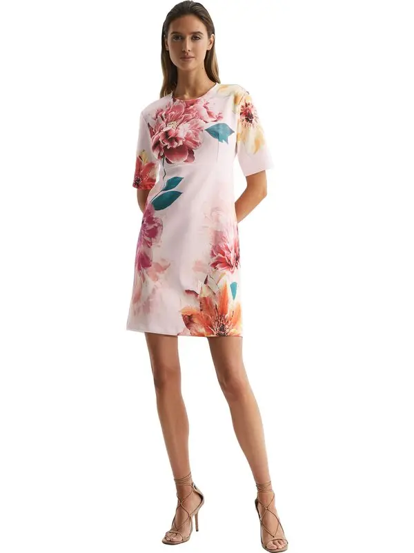 REISS Floral Printed Mini Shift Dress - Pink