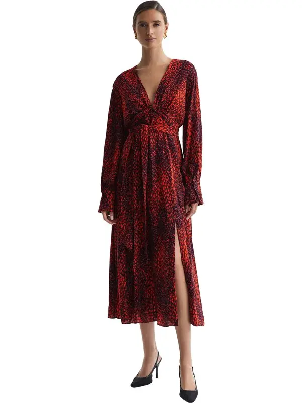 REISS Maya Animal Print Midi Dress - Red