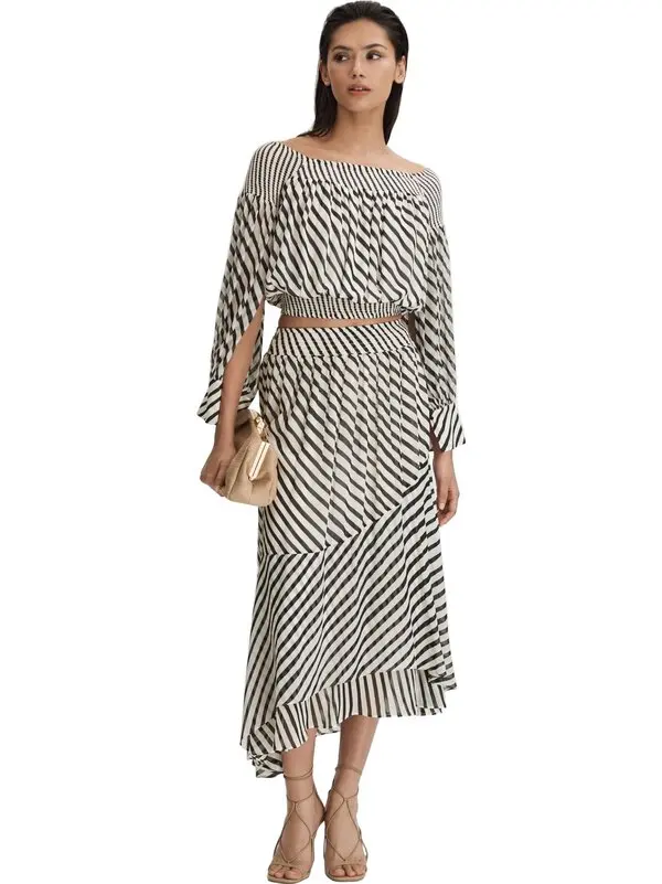 REISS Dani Striped Panelled Midi Skirt - Black/cream