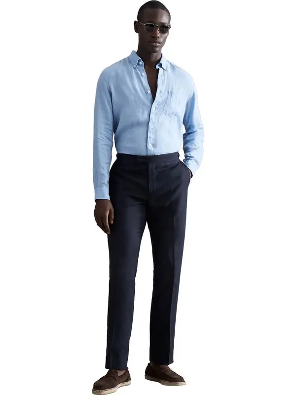 REISS Kin Slim Fit Linen Trousers - Navy