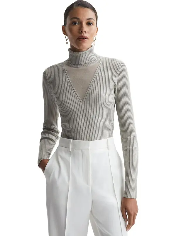 REISS Tanya Metallic Ribbed Top - Silver