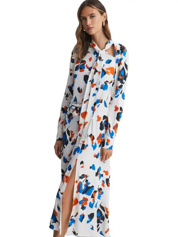 REISS Niyah Printed Tie Neck Midi Dress - Blue