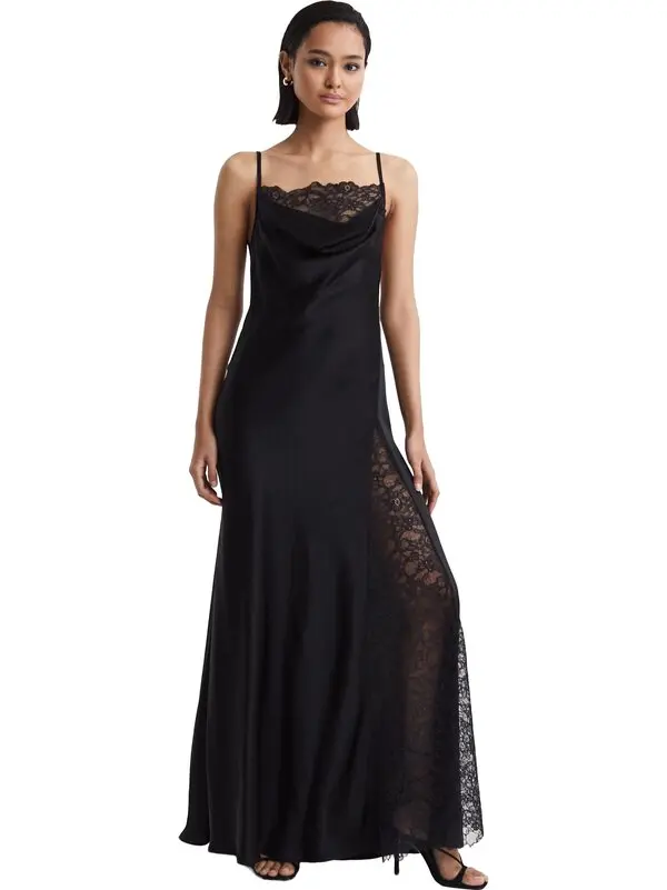 Anna Quan Satin Lace Cowl Neck Maxi Dress - Black
