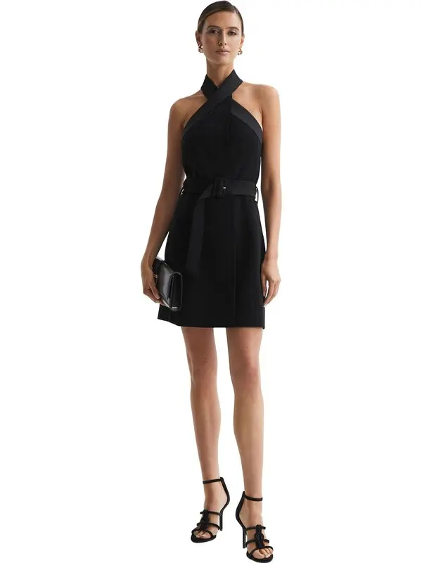 REISS Alexis Fitted Halter Neck Mini Wrap Dress - Black