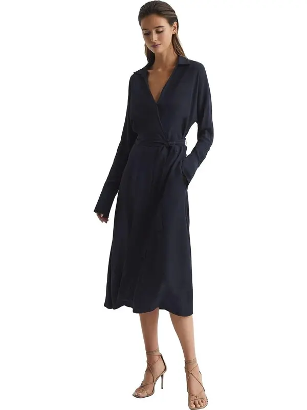 REISS Cecily Wrap Front Midi Dress - Navy