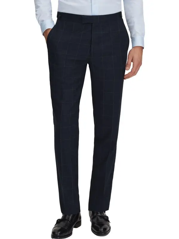 REISS Klink Wool Check Slim Fit Trousers - Navy