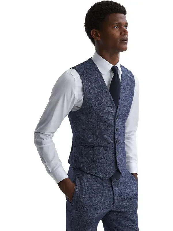 REISS Barrett Slim Fit Wool-linen Check Waistcoat - Indigo