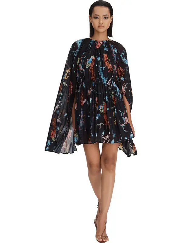 LEO LIN Evelyn Pleated Bell Sleeve Mini Dress - Twilight Print Black