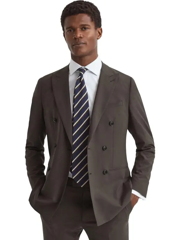 REISS Roll Slim Fit Wool Blend Double Breasted Blazer - Chocolate