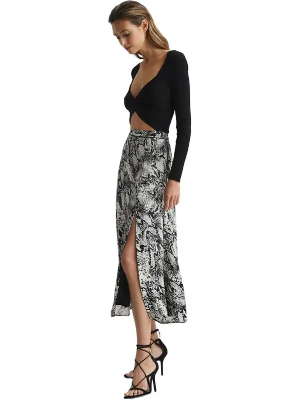 REISS Katia Printed Slip Midi Skirt - Black