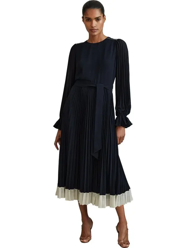REISS Priya Petite Pleated Belted Midi Dress - Navy/cream