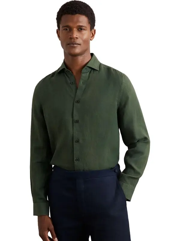 REISS Ruban Linen Cutaway-collar Regular-fit Shirt - Kale Green