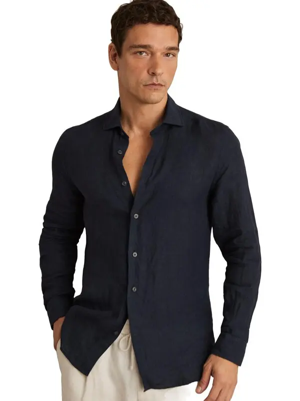 REISS Ruban Linen Cutaway-collar Regular-fit Shirt - Navy