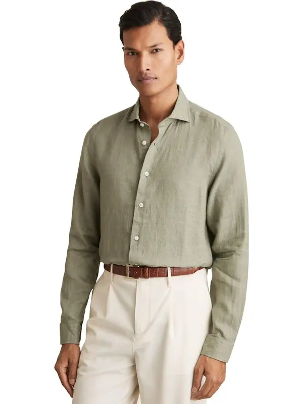 REISS Ruban Linen Cutaway-collar Regular-fit Shirt - Thyme Green
