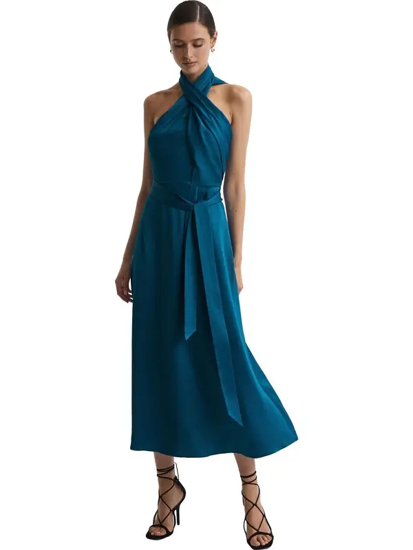 REISS Vida Satin Halter Neck Fitted Midi Dress - Teal