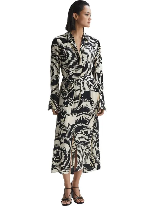 REISS Tilly Printed Long Sleeve Midi Dress - Black